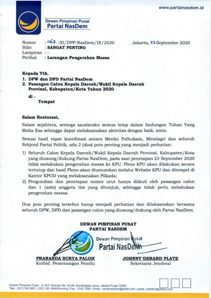 Instruksi DPP Partai Nasdem, DPW dan DPD Dilarang Kerahkan Massa Sisa ...